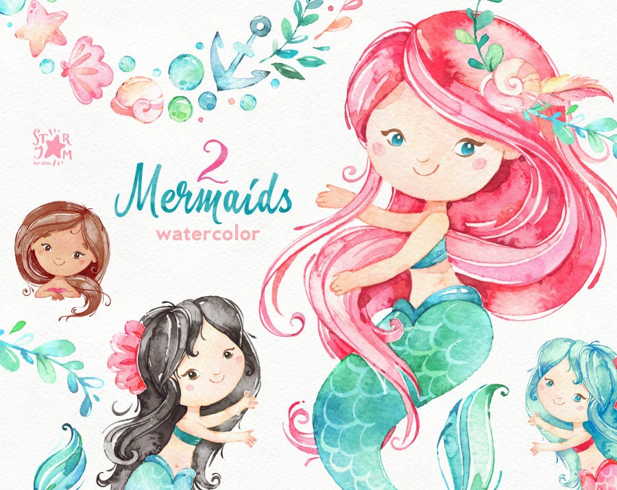 Mermaids 2. Watercolor clipart sea girls magic fairytale | Etsy