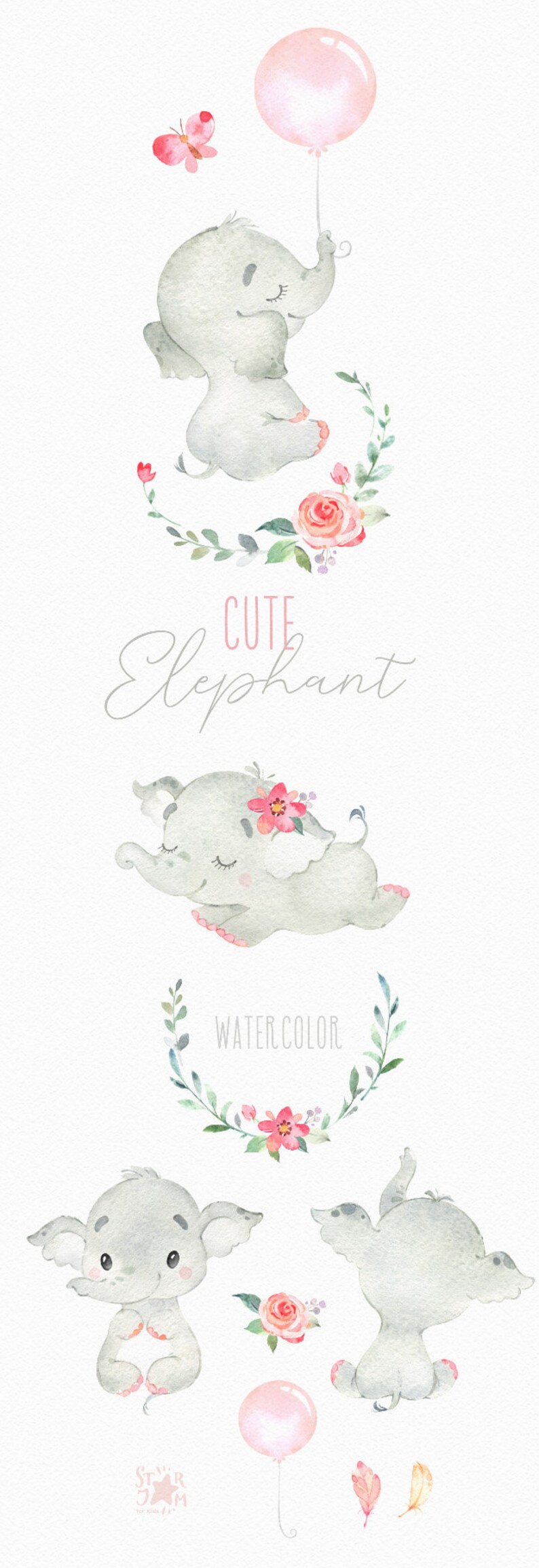 Cute Elephant Girl. Watercolor little animal clipart baby | Etsy