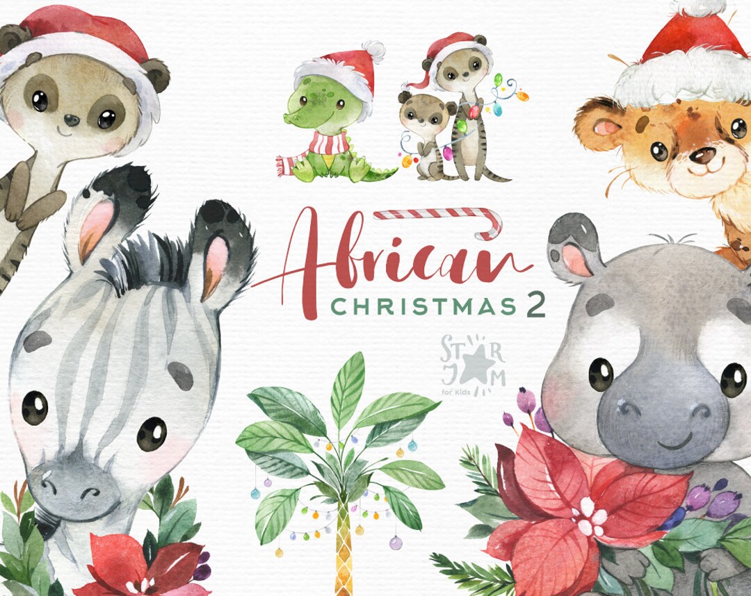 African Christmas 2. Watercolor Animals Clipart, Zebra, Hippo, Cheetah ...