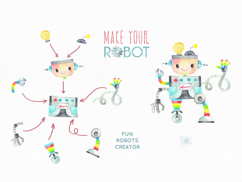 Robots Creator. Make Your Own Robot. Watercolor Vintage Fun Clipart ...