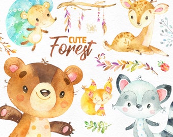 Cute Forest. Watercolor Little Animals Clipart Squirrel - Etsy