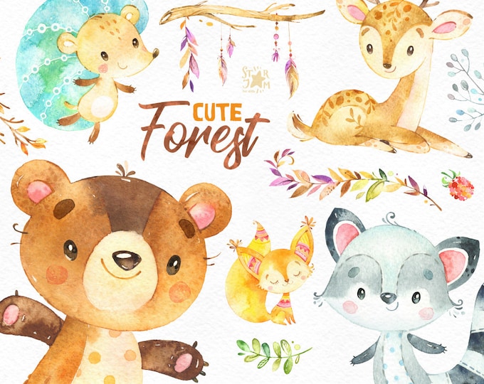 Cute Forest. Watercolor Little Animals Clipart Squirrel - Etsy