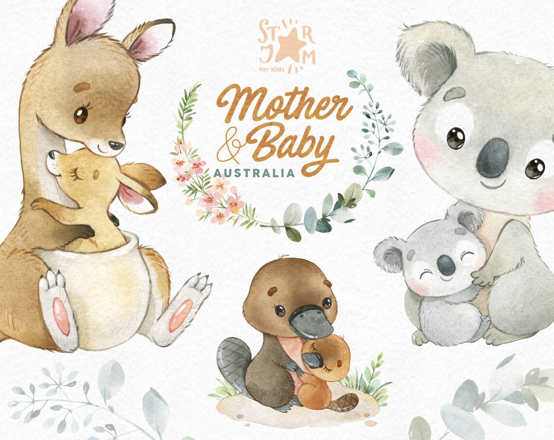 Mother & Baby Australia. Watercolor Animals Clipart Kangaroo - Etsy