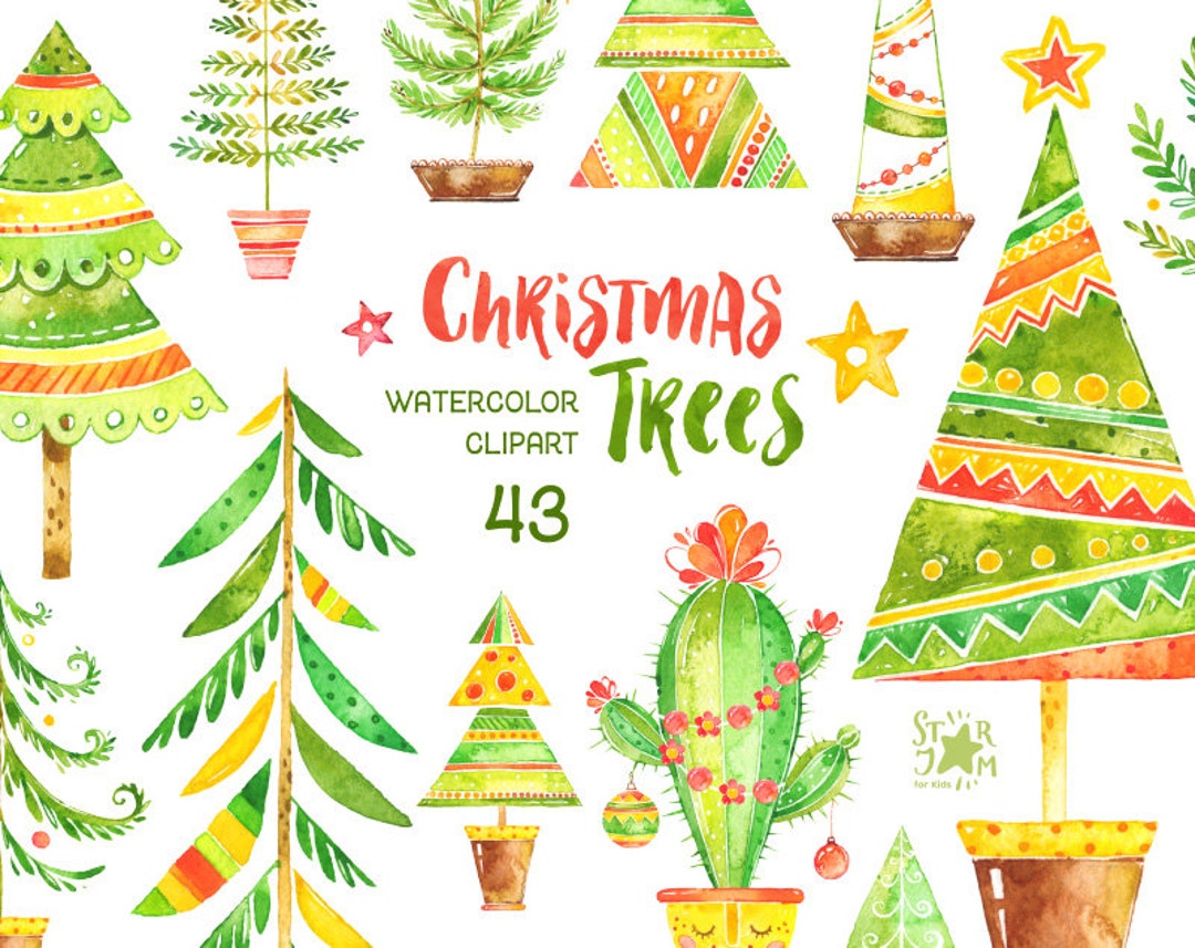 Christmas Trees. Watercolor Clipart, Potted Trees, Winter, Cute, Card ...