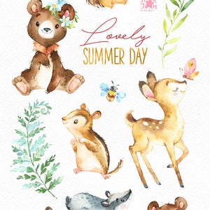 Lovely Summer Day. Forest Animals Clip Art, Watercolor, Chipmunk, Roe ...