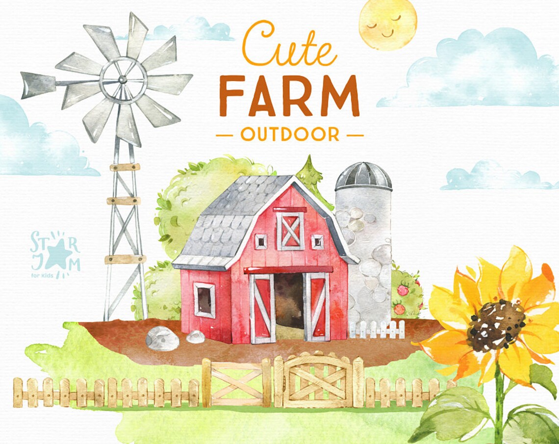Cute Farm Outdoor. Watercolor Country Clipart Landscape - Etsy