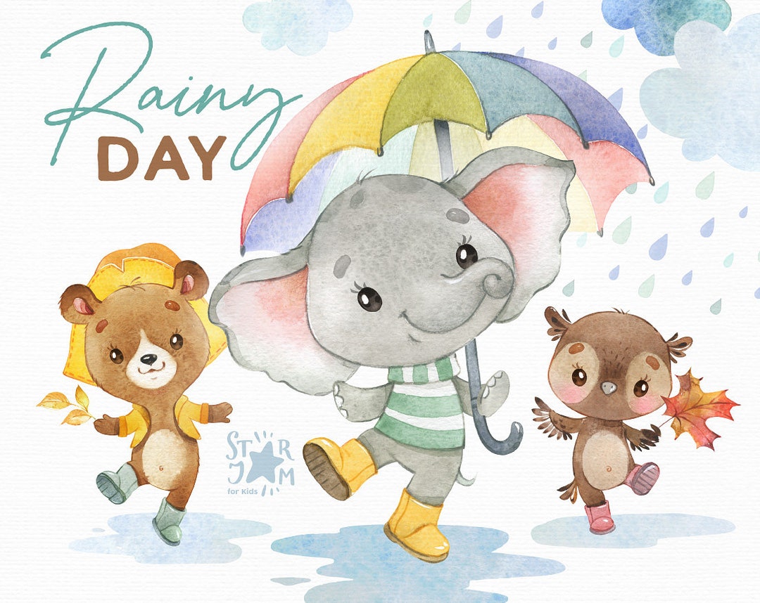Rainy Day. Watercolor Baby Animals Clipart, Elephant, Bear, Owl ...