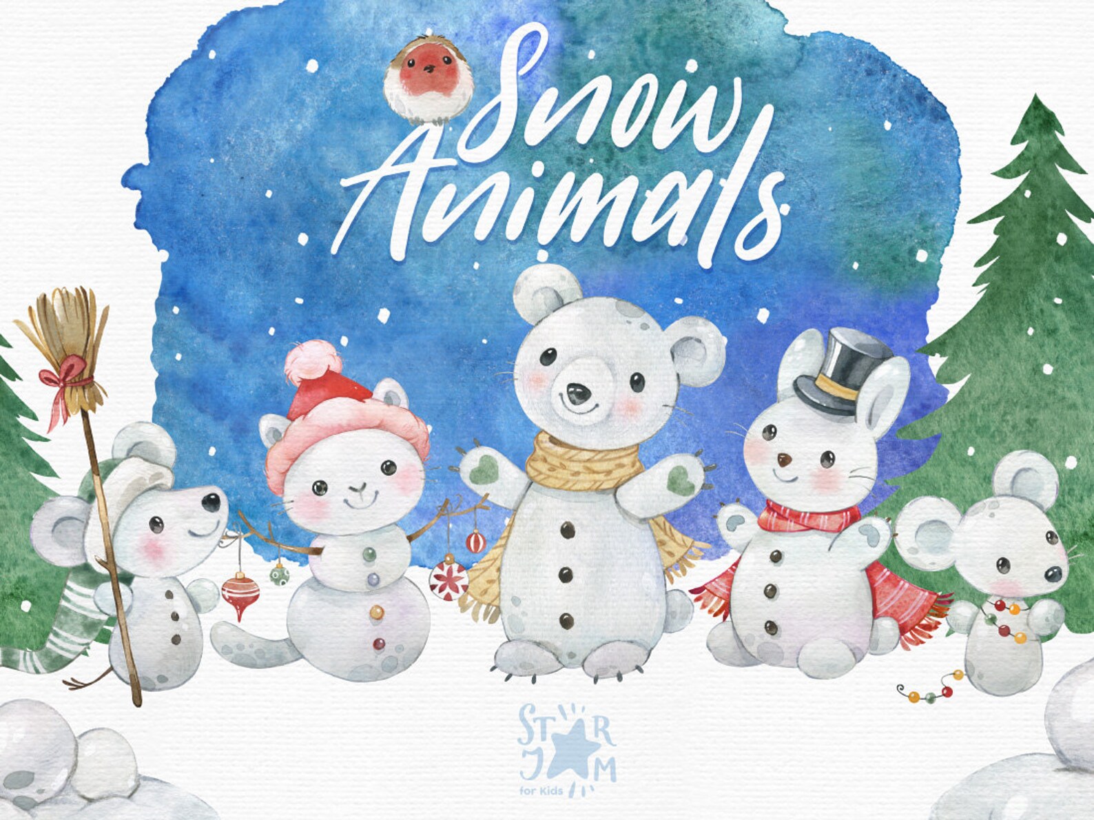 Snow Animals. Watercolor Clip Art, Snowman, Bear, Rabbit, Mouse, Cat ...