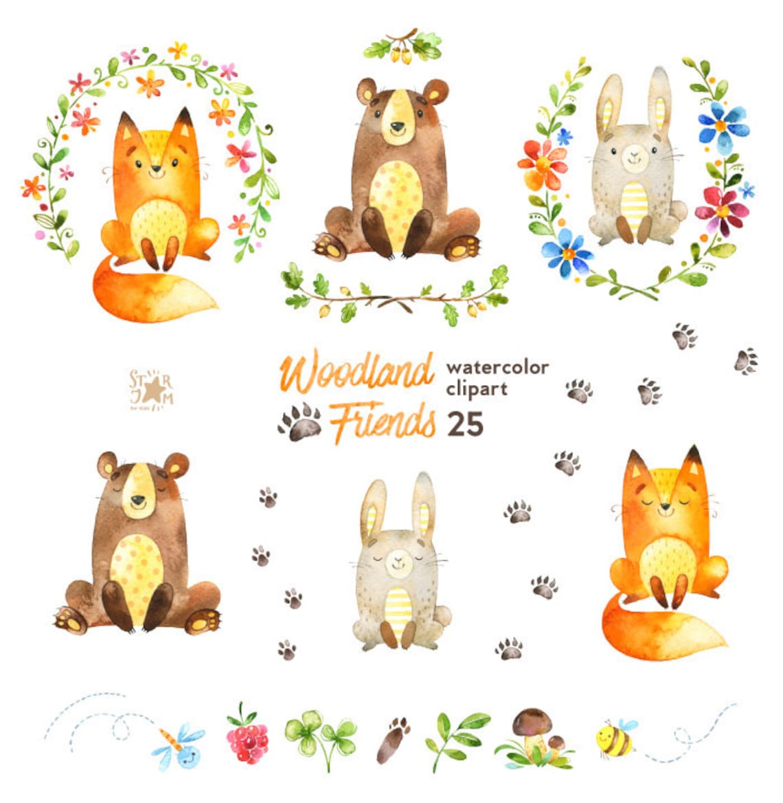 Woodland Friends. Watercolor Animals Clipart, Forest, Bear, Fox, Hare ...