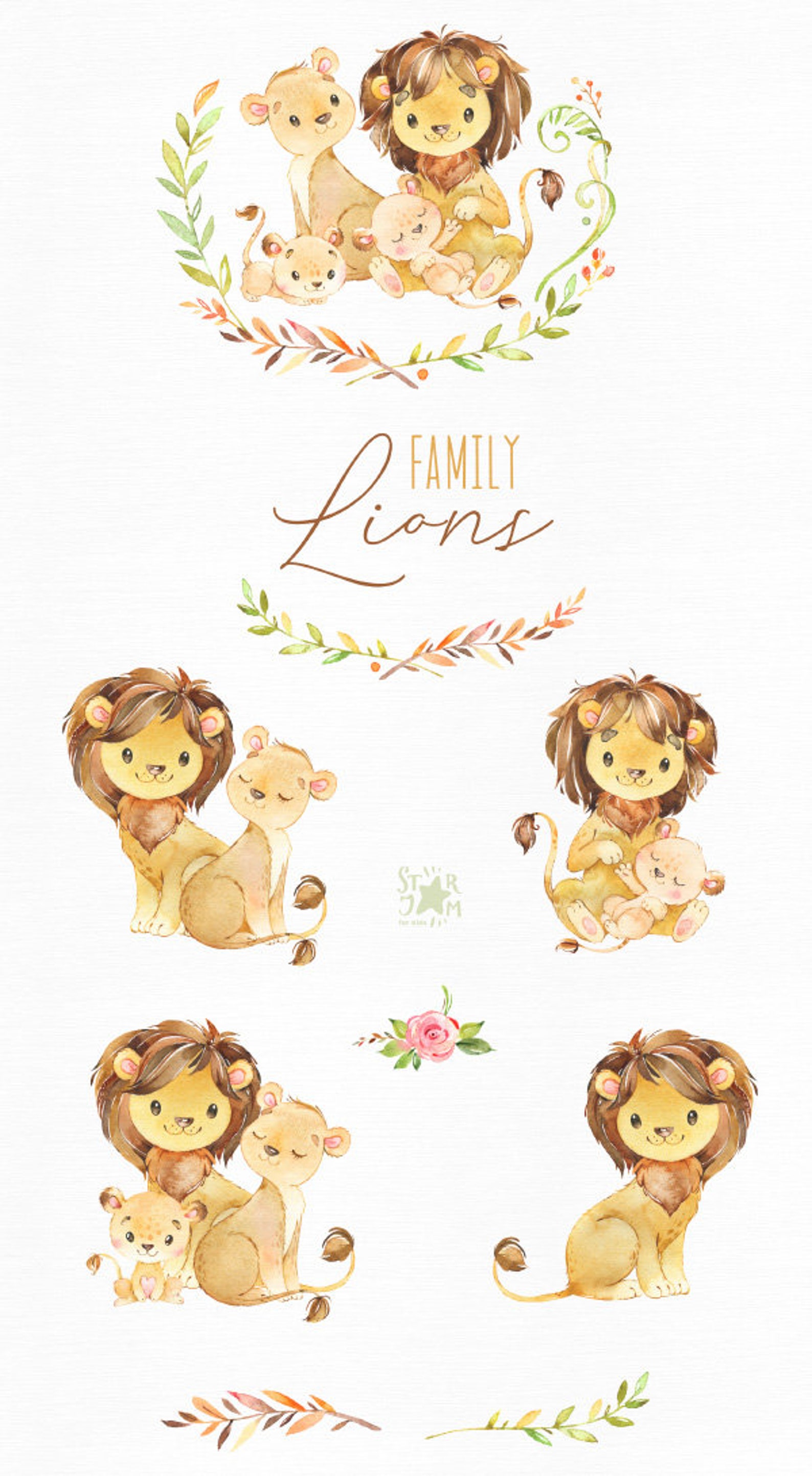 Lions Family. Watercolor Little Animal Clipart Cubs Mother - Etsy