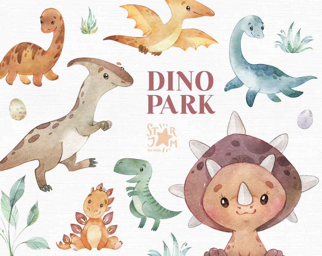 Dino Park. Watercolor Clip Art, Cute Dinosaurs, Jurassic Creatures ...