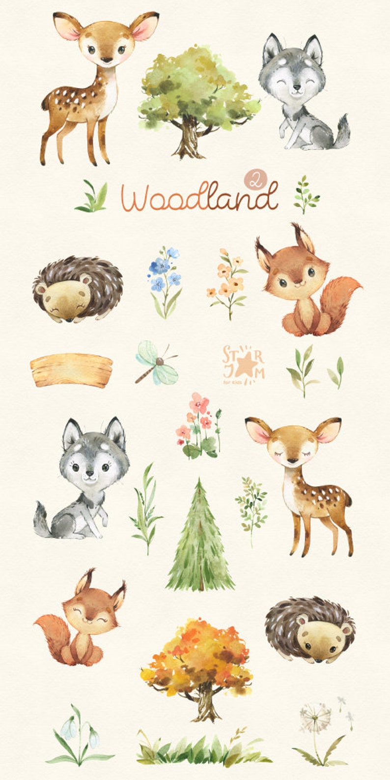 Woodland 2. Little Animals Watercolor Clip Art, Wolf, Squirrel, Deer ...