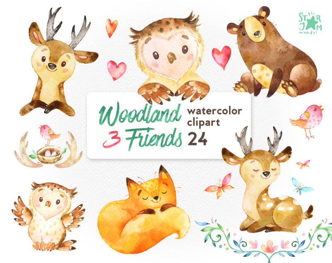 Woodland Friends 3. Watercolor Animals Clipart, Fox, Forest, Deer, Bear ...