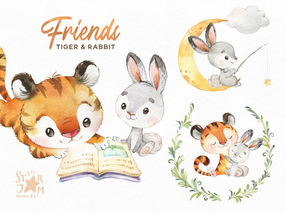 Friends. Tiger & Rabbit. Watercolor Little Animal Clipart, Cub, Critter ...