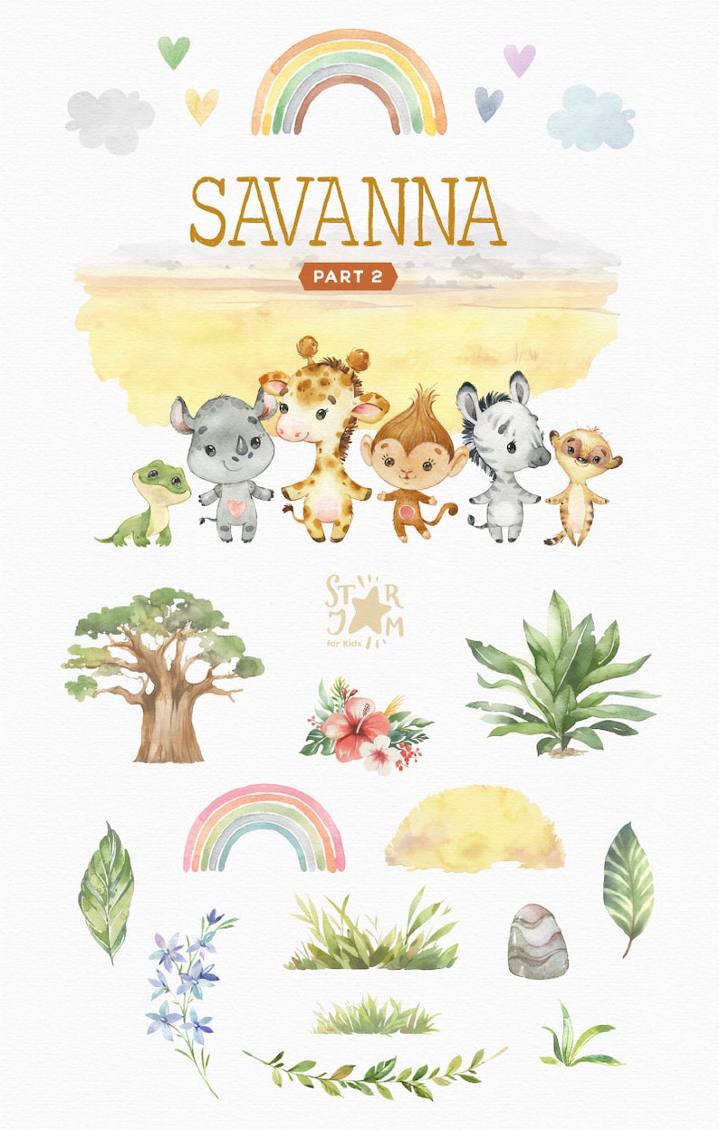 Savanna Pt.2 Cute Animals. Watercolor Clipart, African, Giraffe, Monkey ...