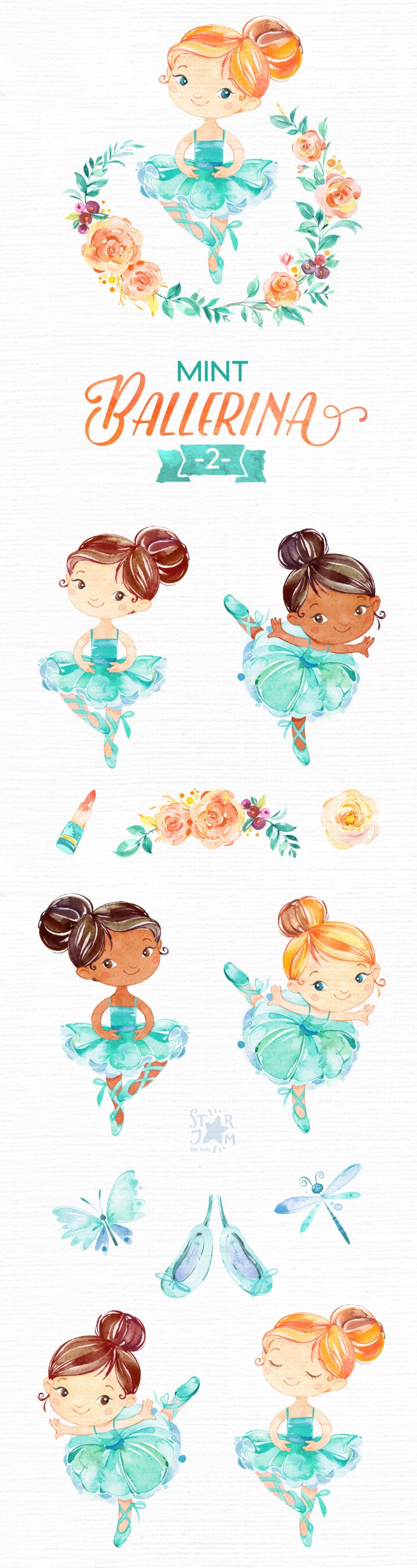 Mint Ballerina 2. Watercolor Clipart, Little Girl, Ballet Dancer ...