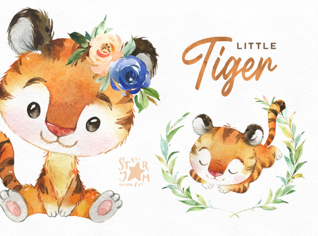 Tiger. Watercolor Little Animal Clipart, Cub, Critter, Baby, Flowers ...