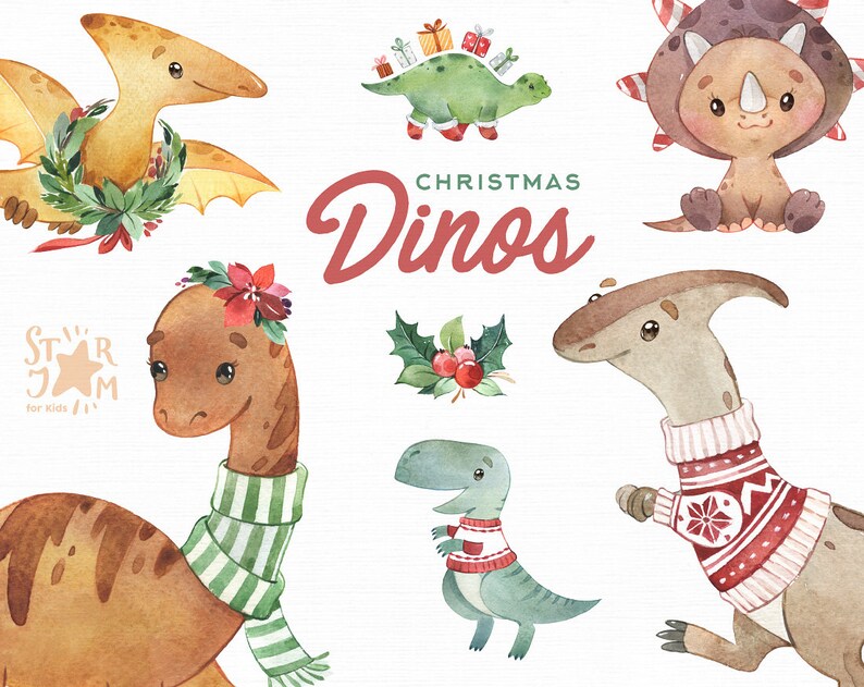 Dinos Christmas. Little Animals Watercolor Clip Art New Year - Etsy