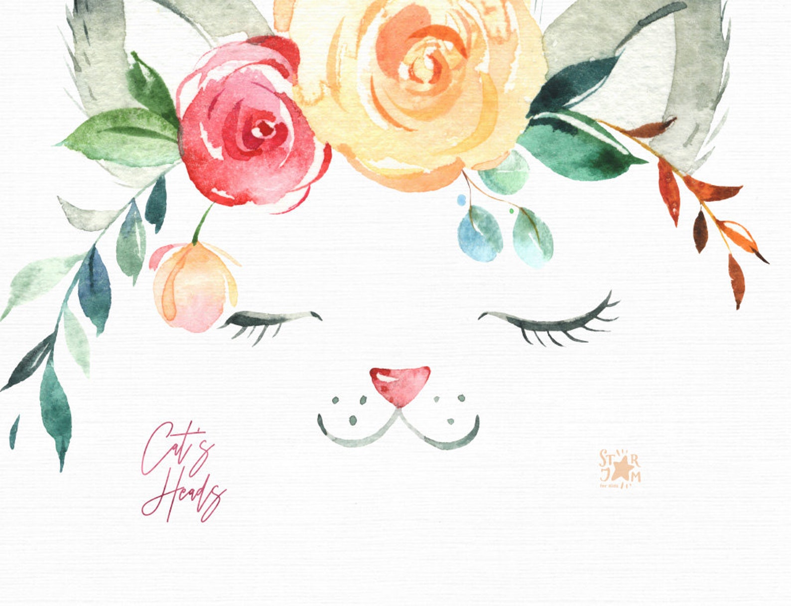 Cat's Heads. Watercolor Clipart Princess Child Pink - Etsy