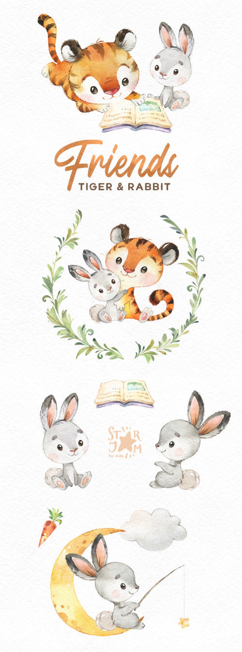Friends. Tiger & Rabbit. Watercolor Little Animal Clipart - Etsy