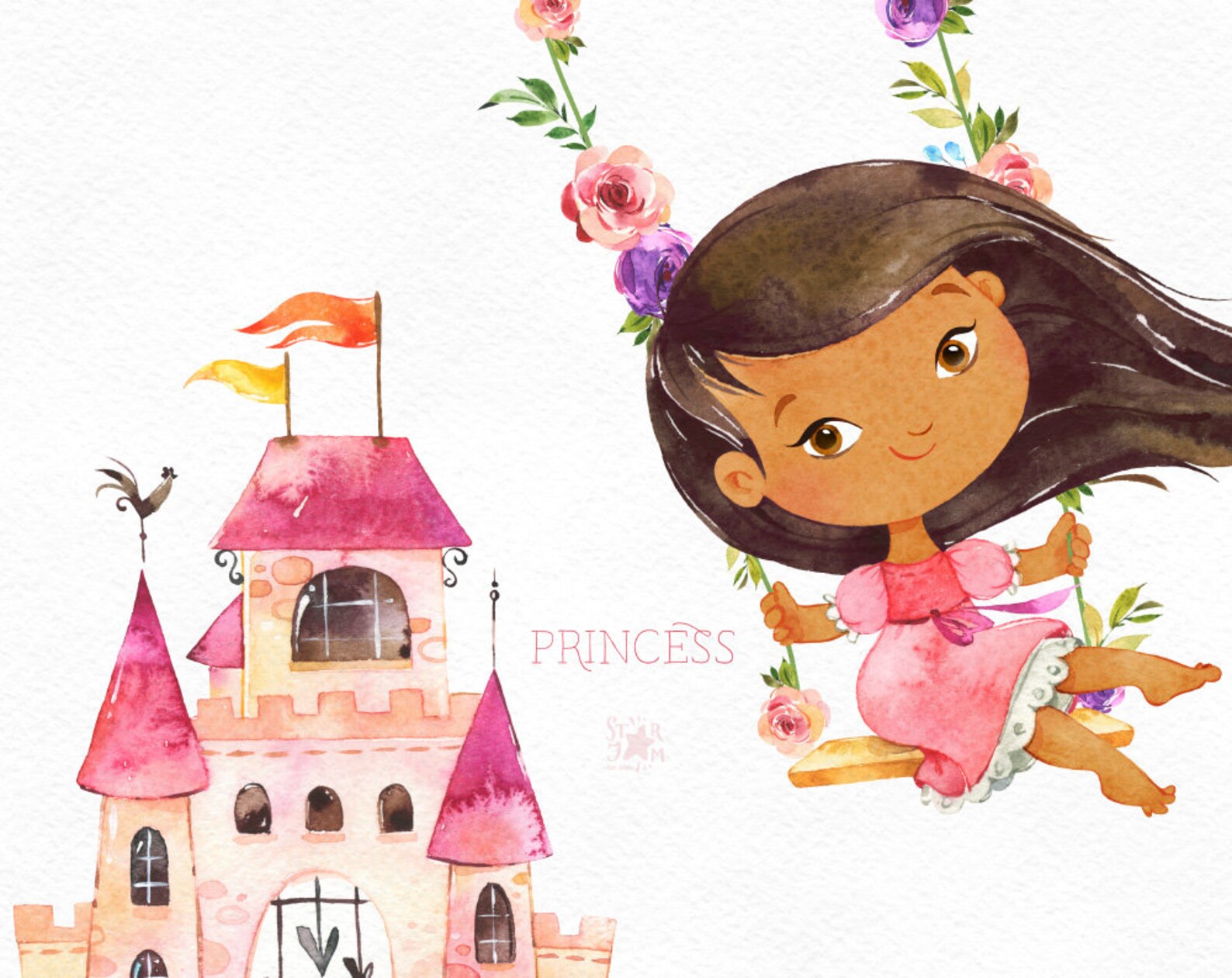 Princess Pink. Watercolor Fairytale Royal Girl Lady - Etsy