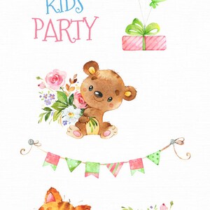Kids Party 3 Kitty & Bear Watercolor Little Animal Birthday Clipart ...