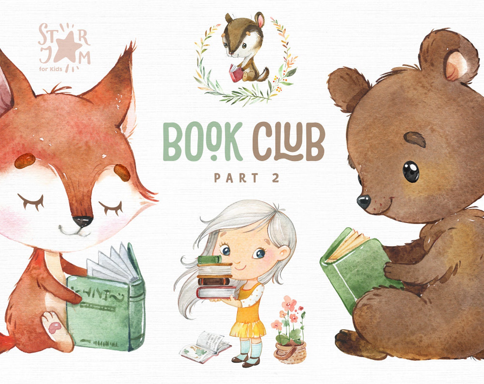Book Club 2. Watercolor Animals Clipart Woodland Bear Fox - Etsy