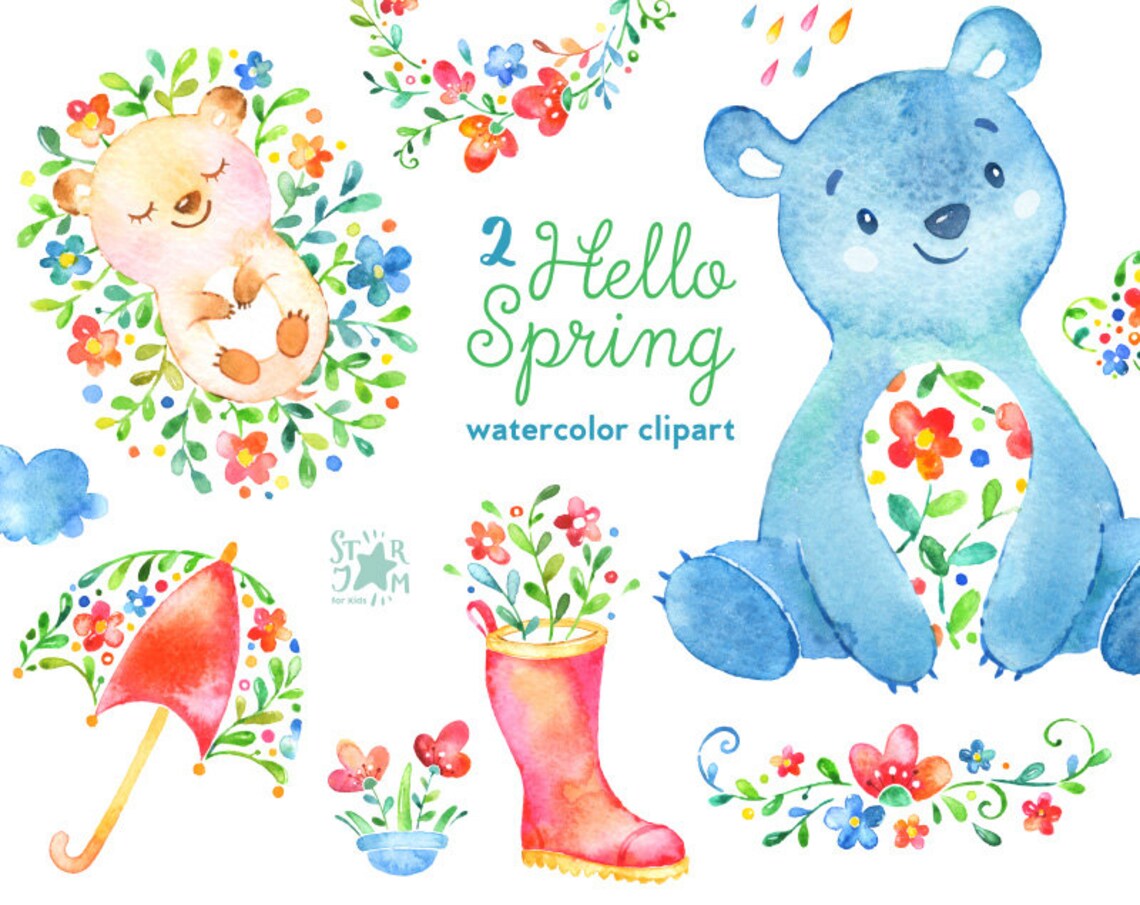 Hello Spring 2. Watercolor Animals and Floral Clipart | Etsy