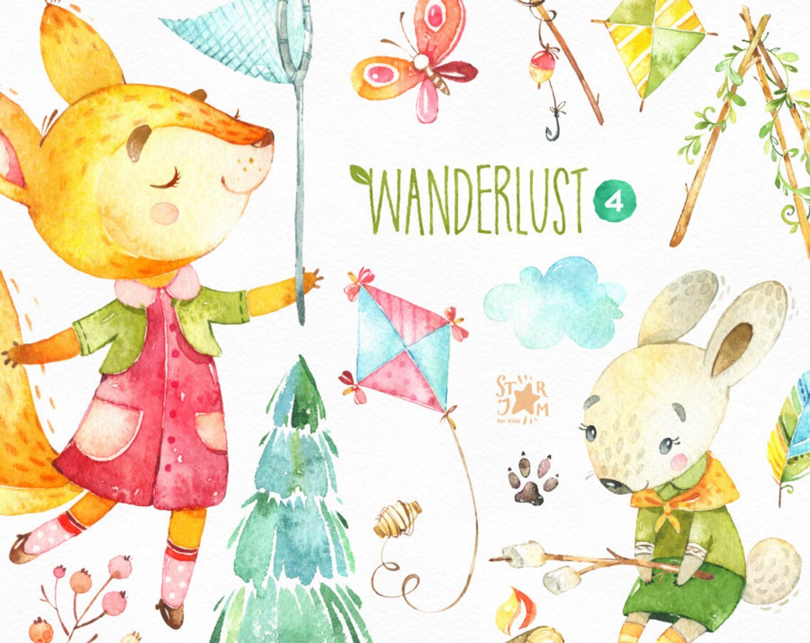 Wanderlust 4. Watercolor Animals Clipart, Squirell, Bunny, Fishing ...