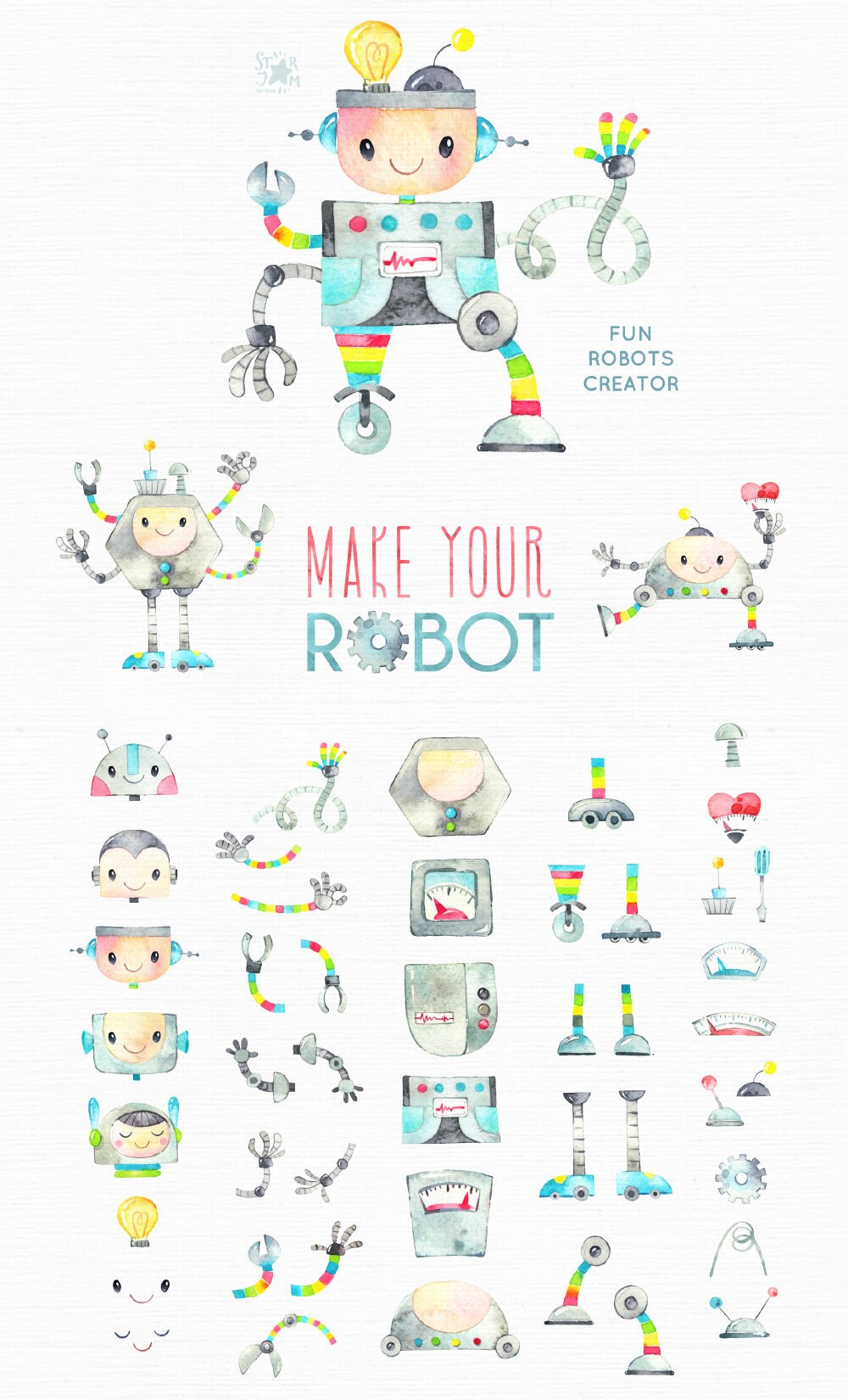 Robots Creator. Make Your Own Robot. Watercolor Vintage Fun Clipart ...