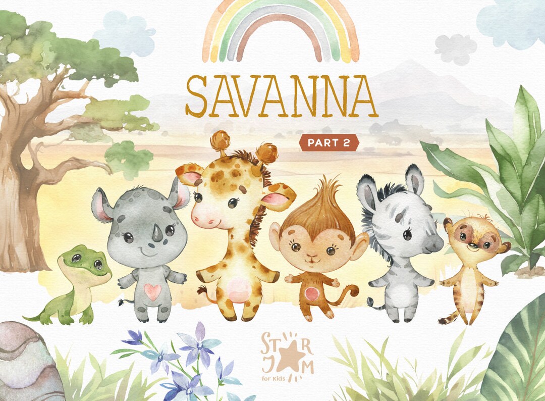 Savanna Pt.2 Cute Animals. Watercolor Clipart, African, Giraffe, Monkey ...