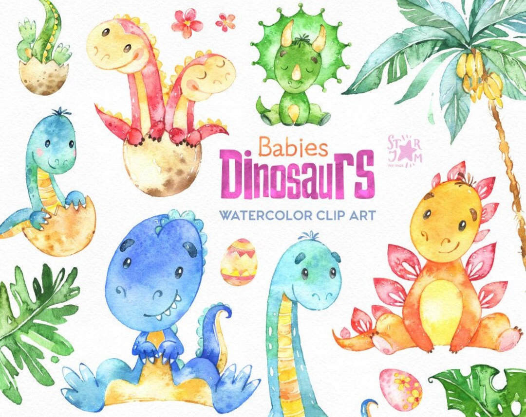 Dinosaurs Babies. Watercolor Clip Art, Characters, Cute, Palm, Floral ...
