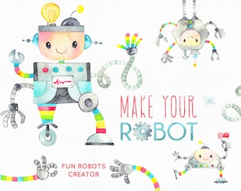 Robots. Watercolor Vintage Clipart Retro Kids Boys | Etsy