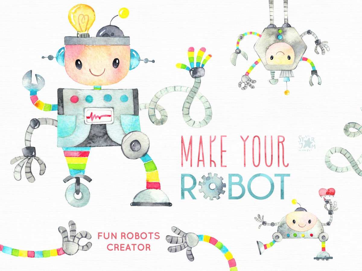 Robots Creator. Make Your Own Robot. Watercolor Vintage Fun Clipart ...