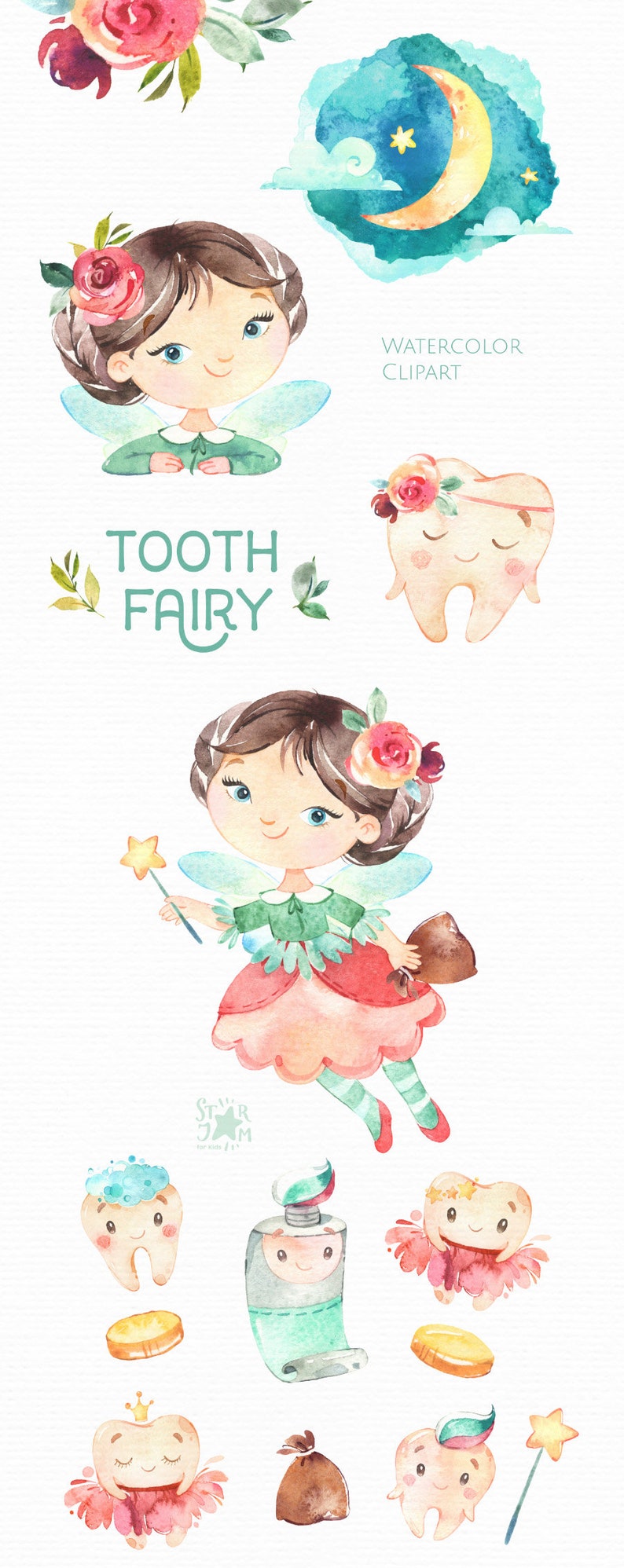 Tooth Fairy. Watercolor Magic Clipart, Teeth, Baby Tooth, Fun, Little ...