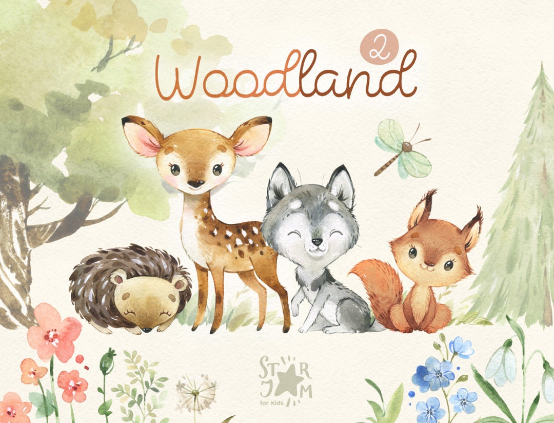 Woodland 2. Little Animals Watercolor Clip Art, Wolf, Squirrel, Deer ...