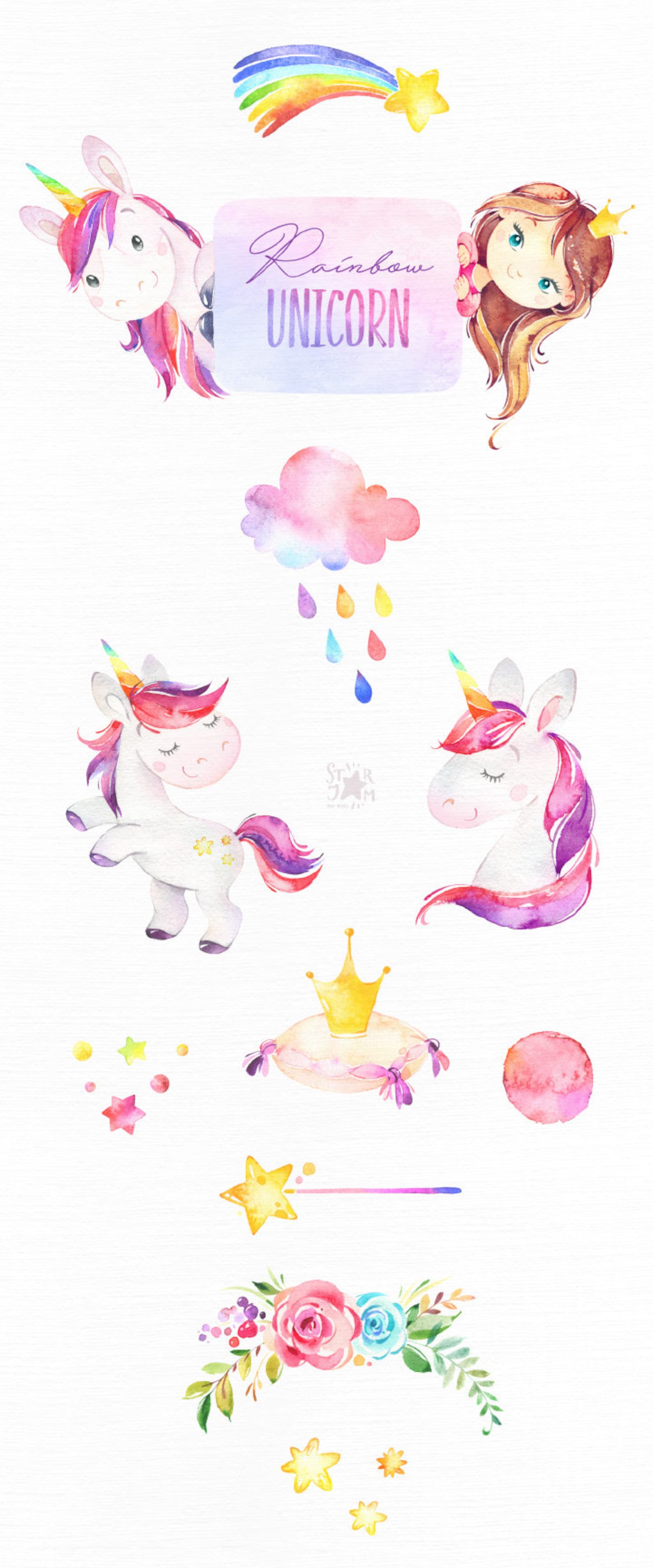 Rainbow Unicorn. Watercolor Magic Clipart Pink Rainbow - Etsy