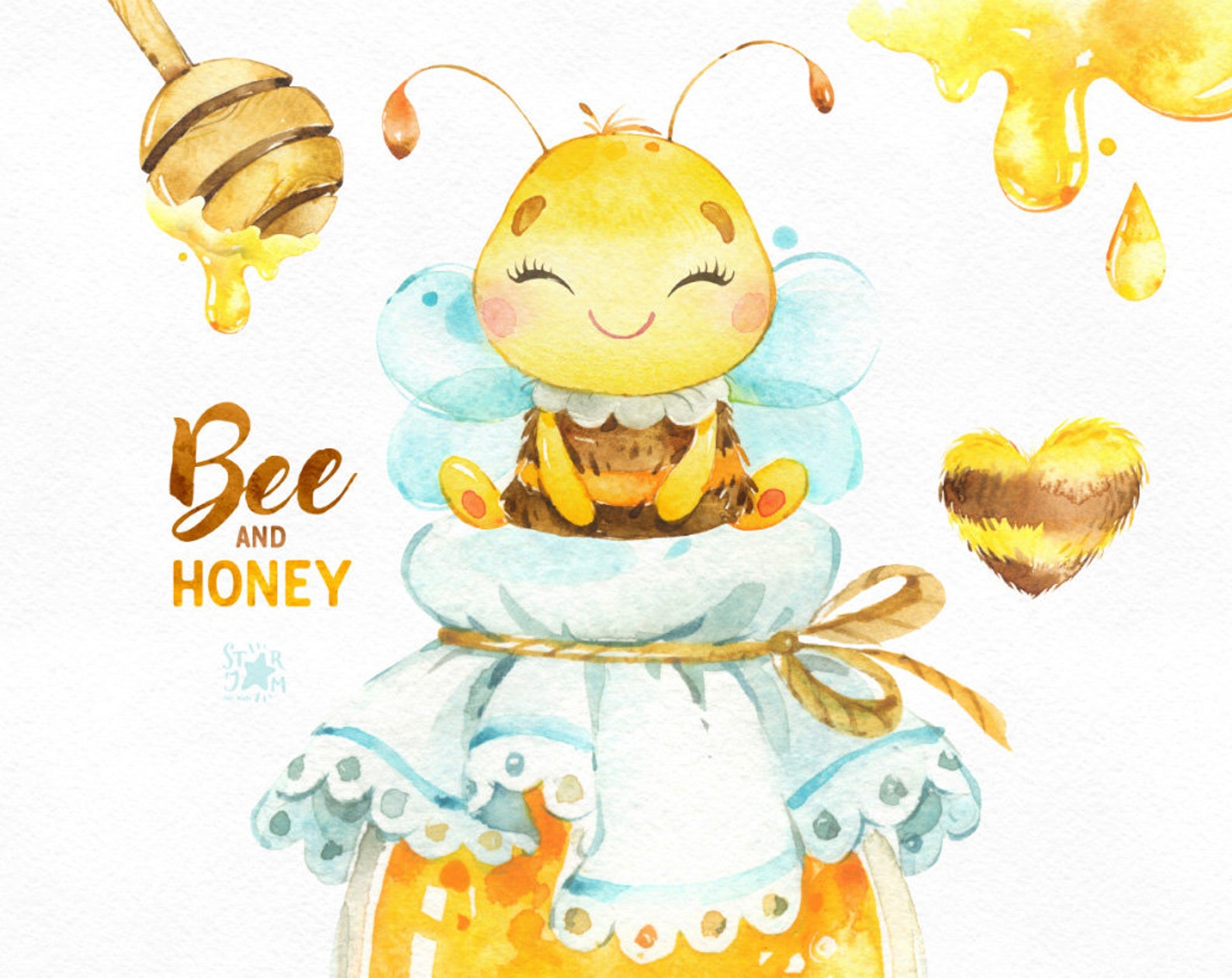 Bee & Honey. Watercolor Clipart Wreath Pot of Honey - Etsy