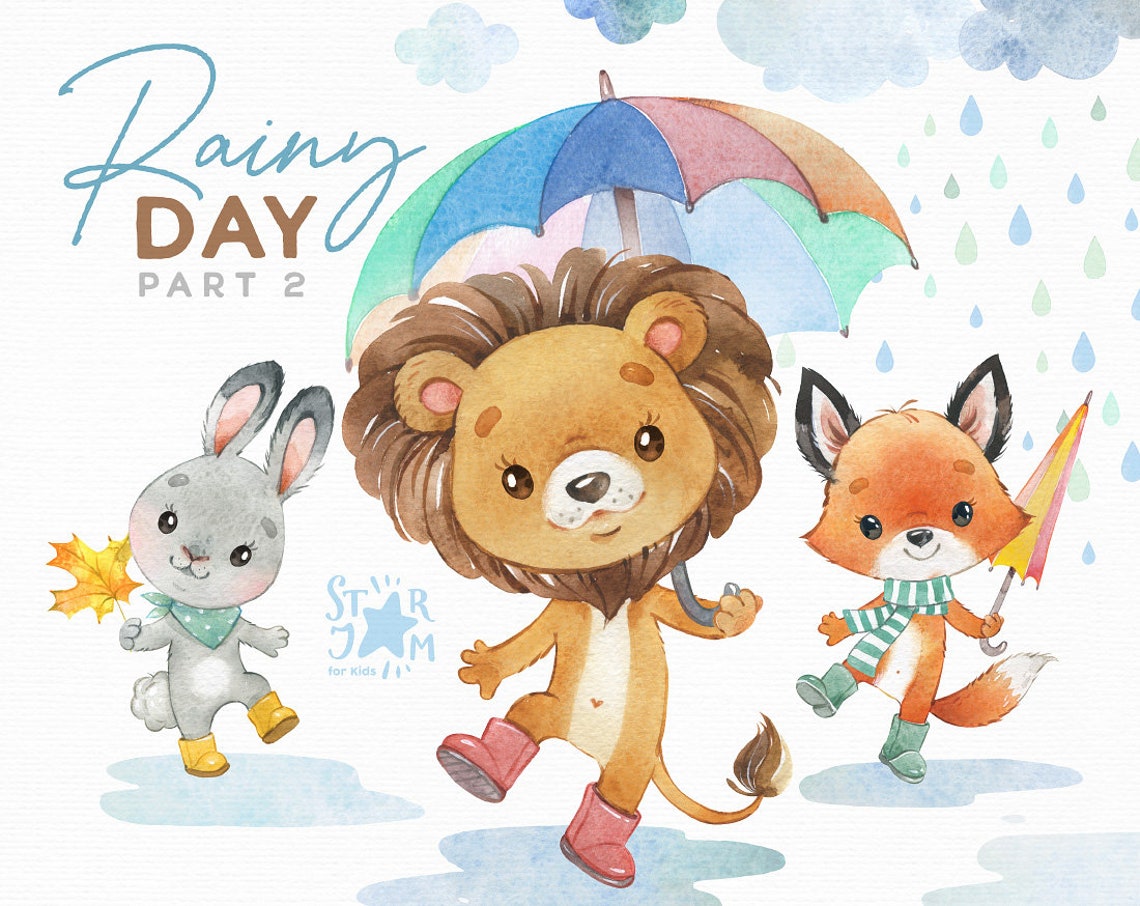 Rainy Day 2. Watercolor Baby Animals Clipart Lion Rabbit - Etsy