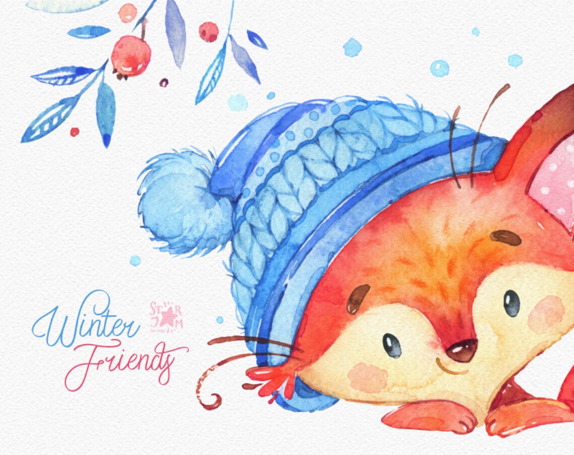 Winter Friends. Collection of Watercolor Characters, Penguin, Fox ...