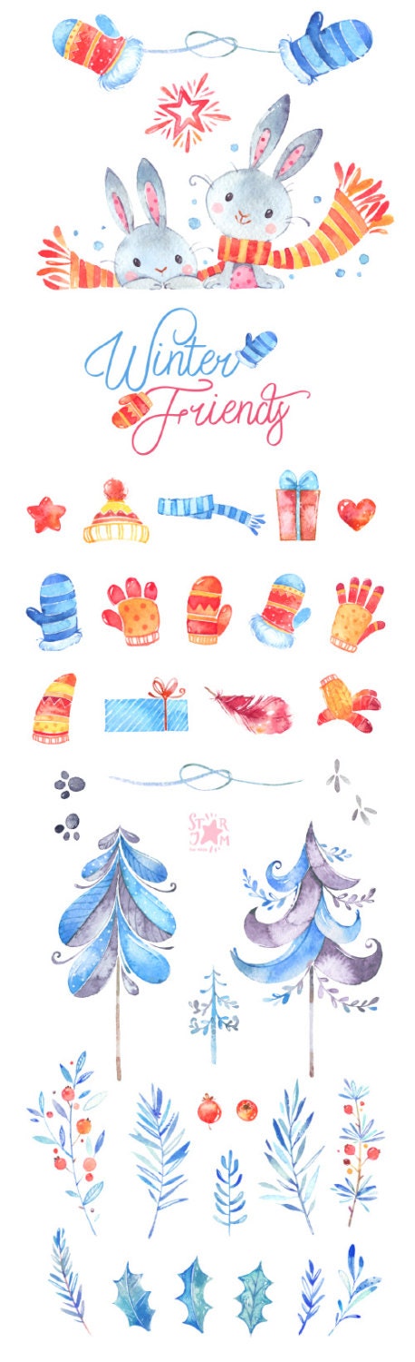 Winter Friends. Collection of Watercolor Characters, Penguin, Fox ...