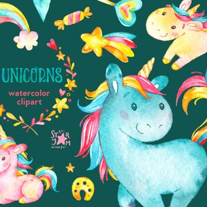 Unicorns. Watercolor Clip Art, Rainbow, Hearts, Flowers, Stars, Candy ...