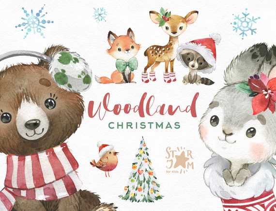 Woodland Christmas. Little Animals Watercolor Clip Art Bear - Etsy
