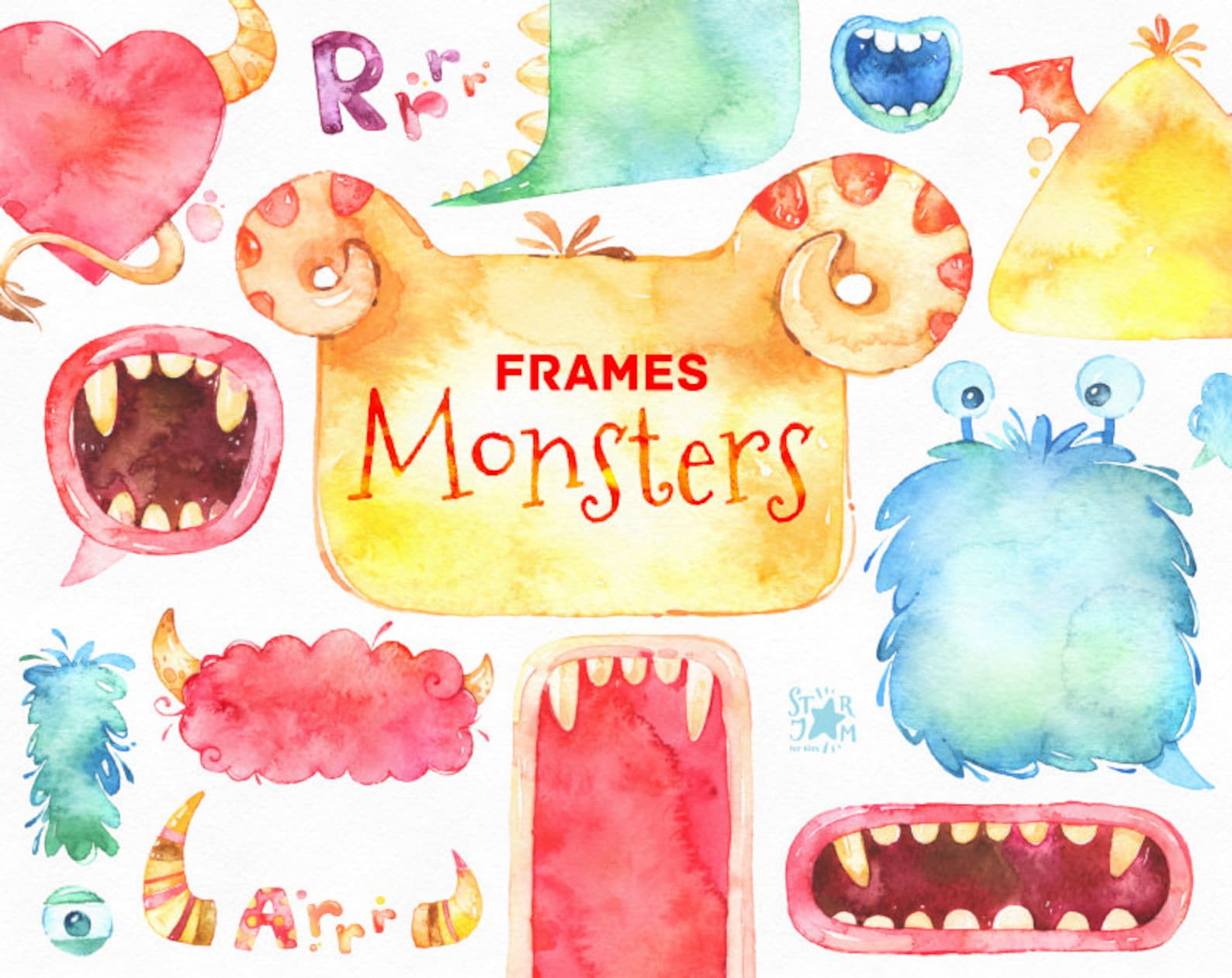 Funny Monsters Frames. Watercolor clip art speech bubbles | Etsy