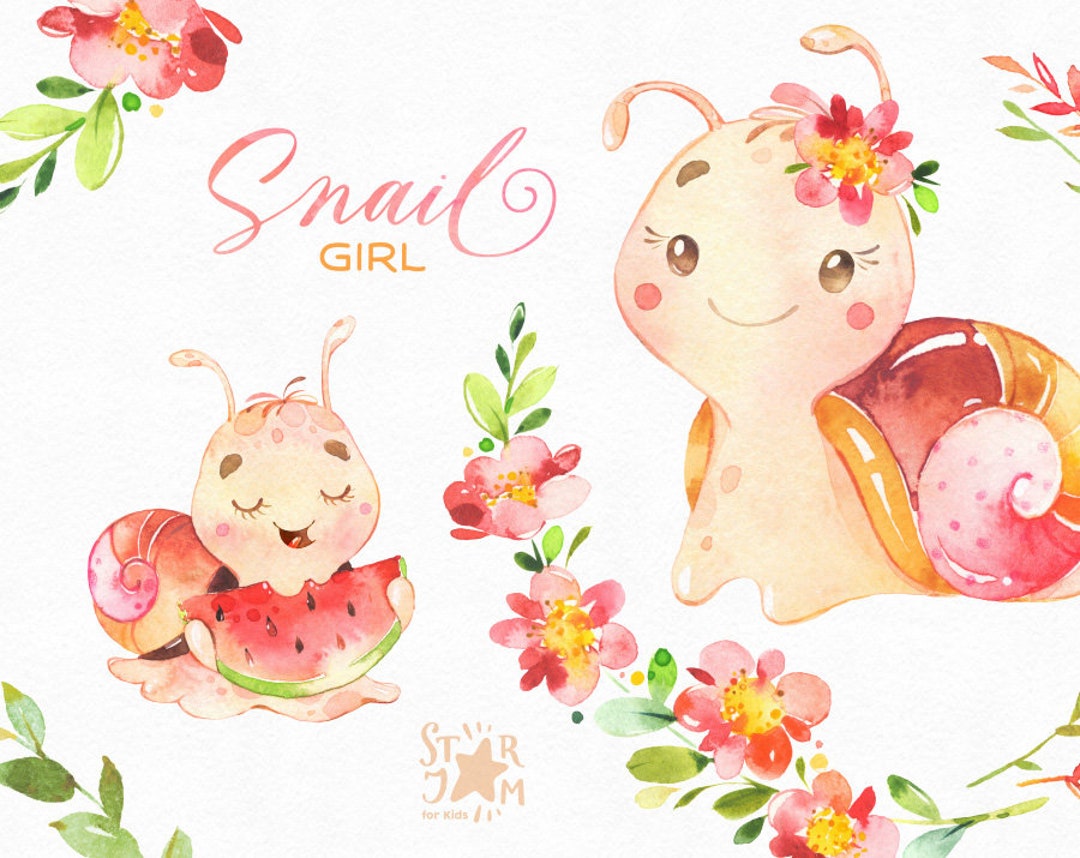 Snail Girl. Watercolor Little Animal Clipart, Baby, Flowers, Shell ...