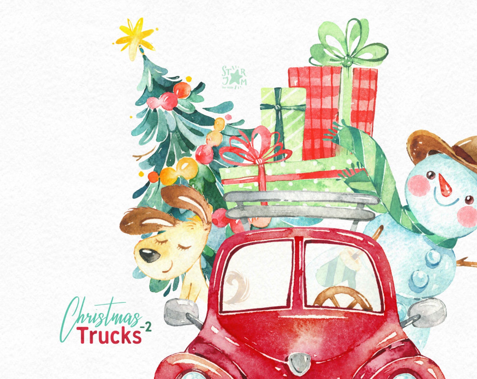 Christmas Truck 2. Watercolor Holiday Clipart, Snowman, Winter, Car ...