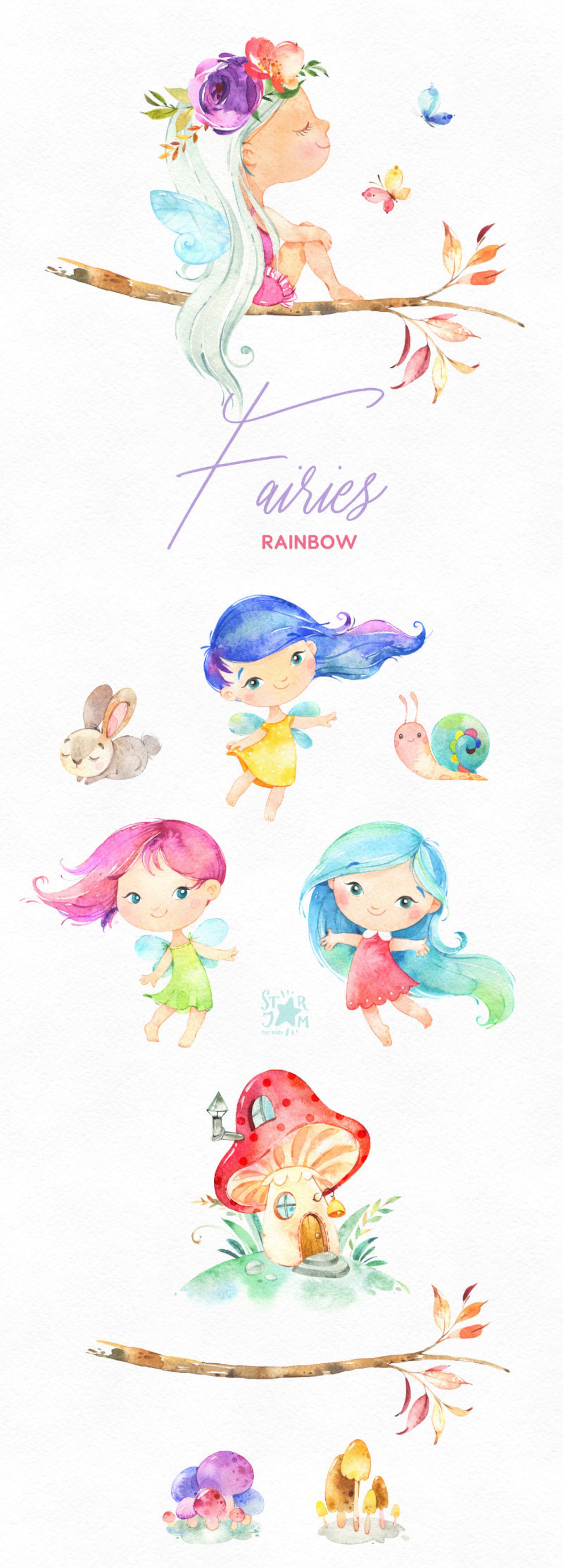 Rainbow Fairies. Watercolor Magic Clipart, Little Girls, Hairs ...