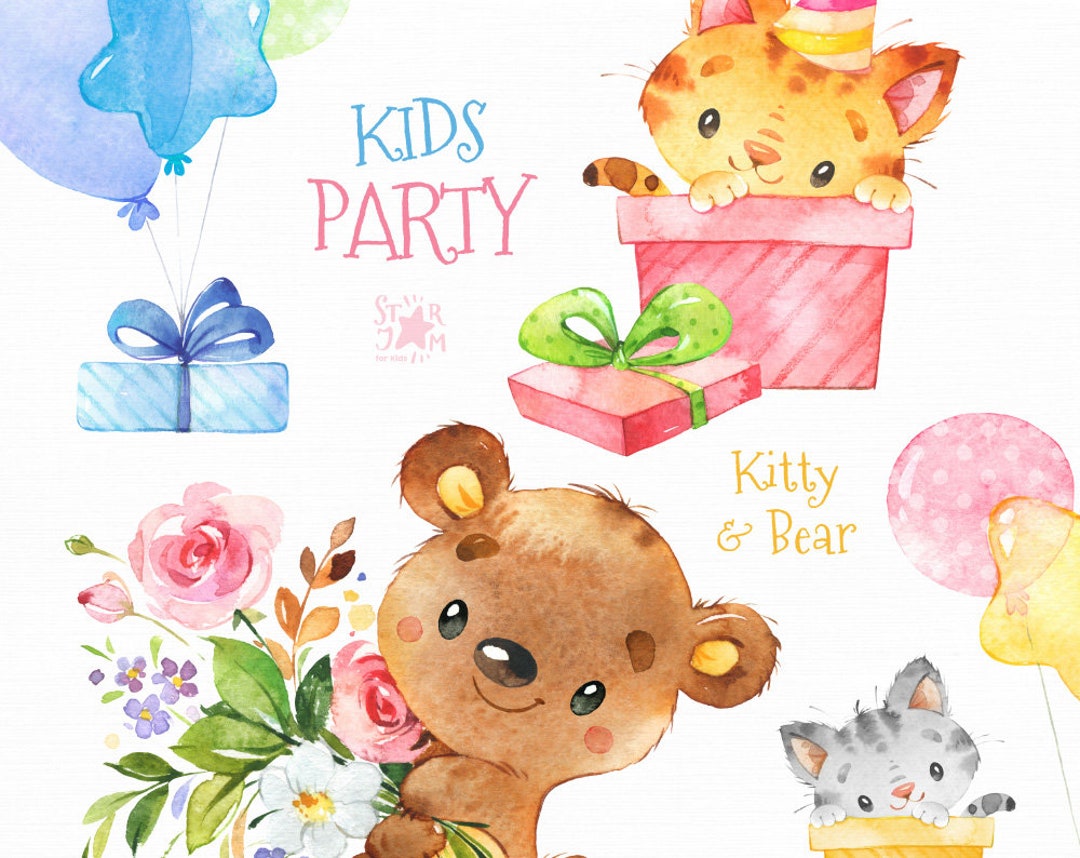 Kids Party 3 Kitty & Bear Watercolor Little Animal Birthday Clipart ...