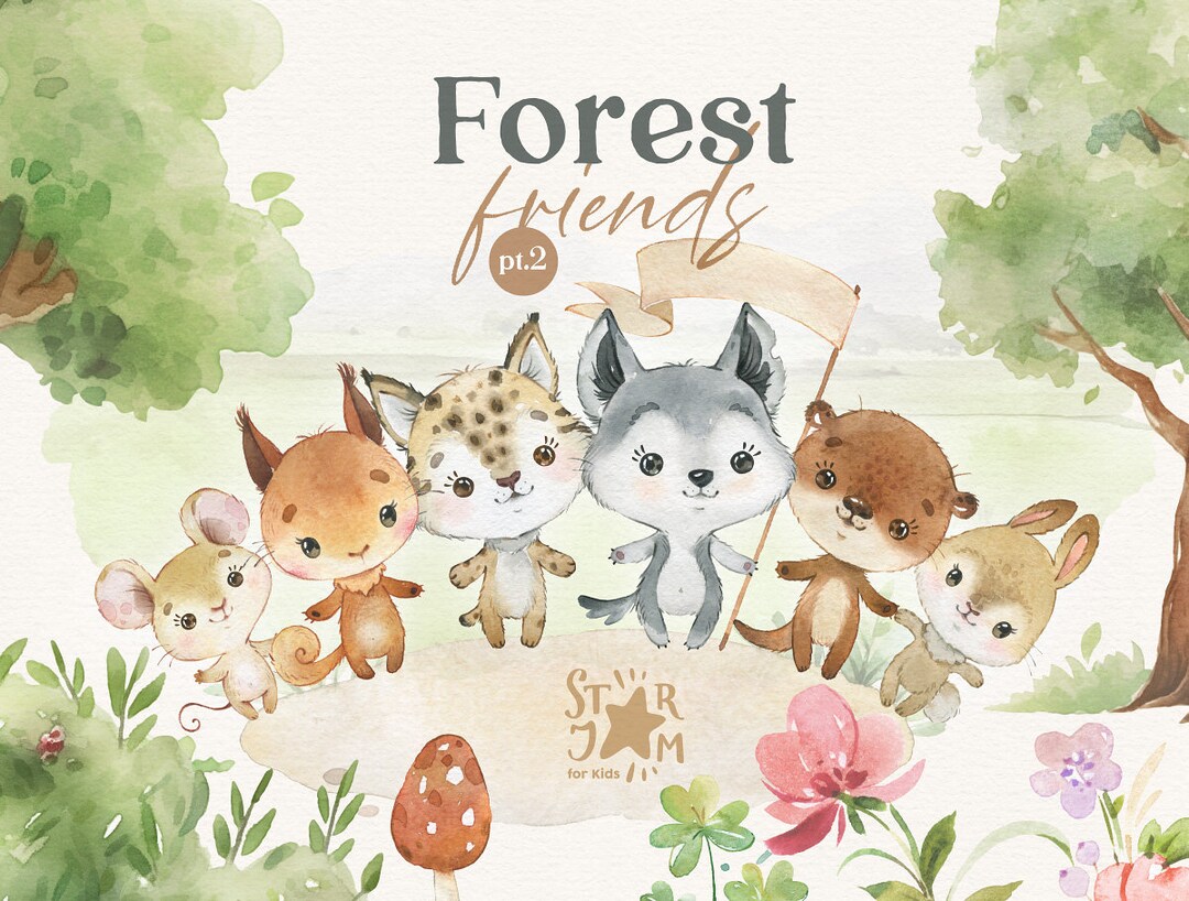 Forest Friends Pt.2 Little Animals Watercolor Clipart, Wolf, Rabbit ...