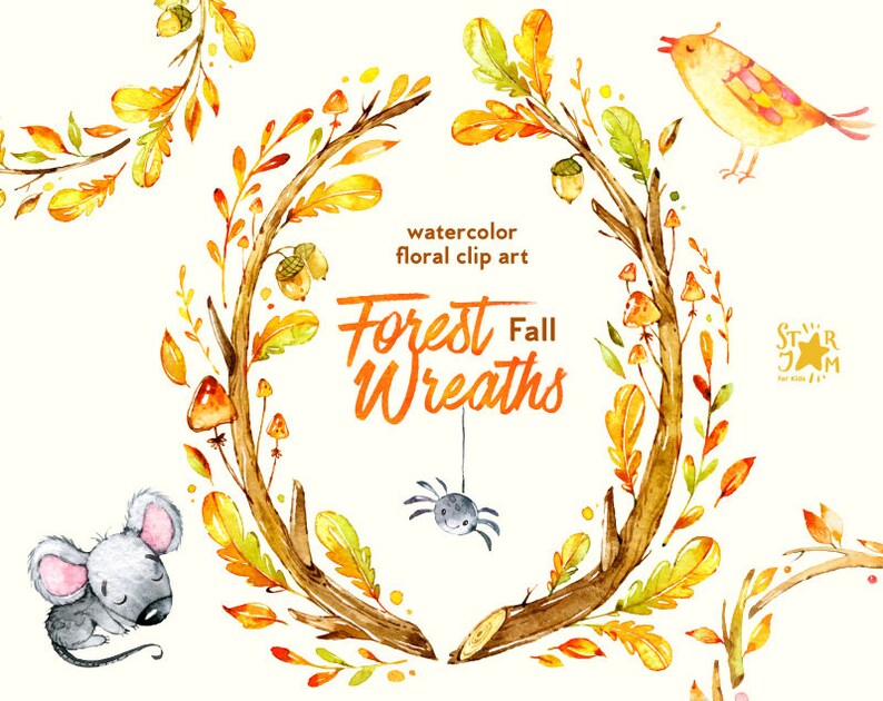 Fall Forest Wreaths. Watercolour clip art flowers oak | Etsy